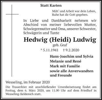 Traueranzeigen Von Hedwig Ludwig WirTrauern