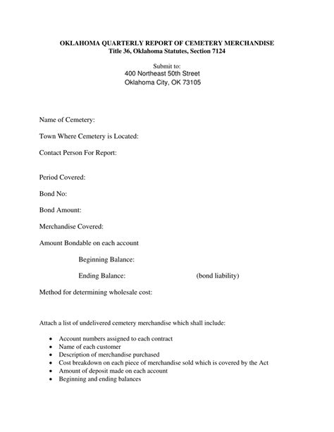 Oklahoma Oklahoma Quarterly Report Of Cemetery Merchandise Fill Out