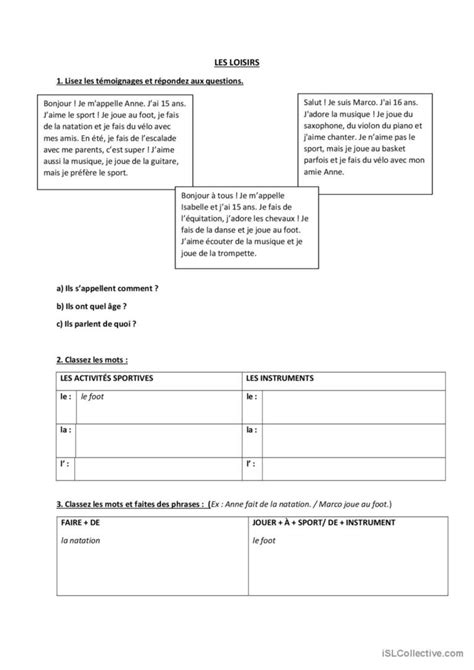 Les loisirs compréhension générale d Français FLE fiches pedagogiques