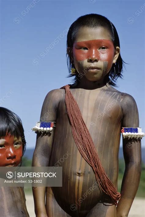 Caipo Indian Girl Painted With Achiote Xingu River Brazil SuperStock