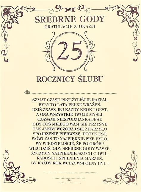 Dyplom Ecru Z Yczeniami Rocznica Lubu Srebrne Gody Pami Tka