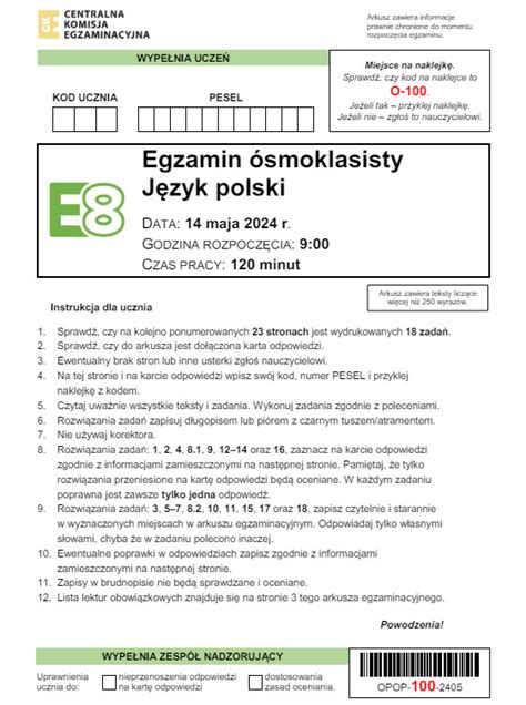 Egzamin ósmoklasisty 2024 Język polski ARKUSZE CKE i ODPOWIEDZI