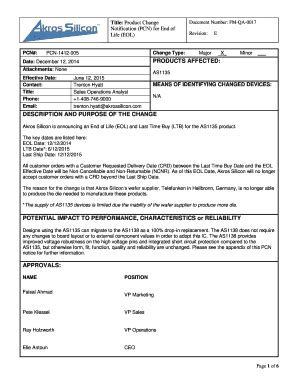 Fillable Online PRODUCT PROCESS CHANGE NOTIFICATION PCN PCN Form Fax