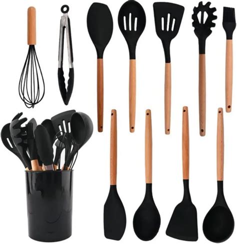 Jogo Utensílios Cozinha Silicone Cabo Madeira Antiaderente Alta