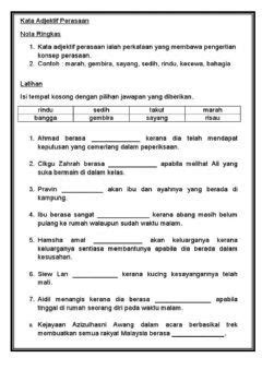 Kata Adjektif Perasaan Language Malay Grade Level School Subject
