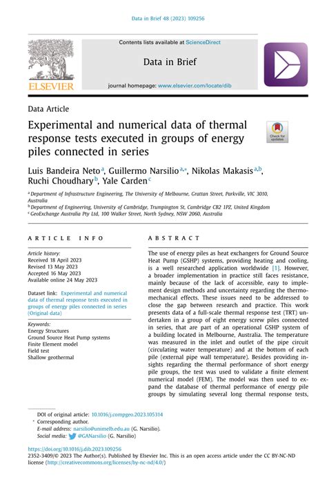 pdf experimental and numerical data of thermal response tests executed in groups of energy