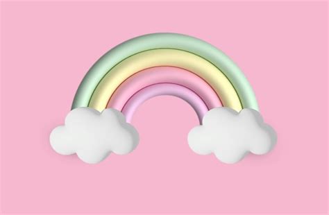 Representación 3d del cielo del arco iris con nubes sobre fondo rosa