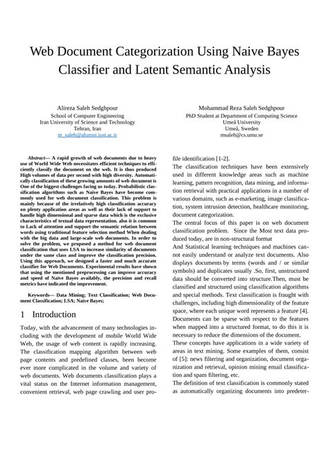 pdf web document categorization using naive bayes classifier and latent semantic analysis
