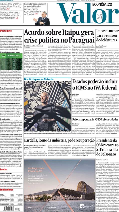 Capa Valor Econômico Terça 30 de Julho de 2019