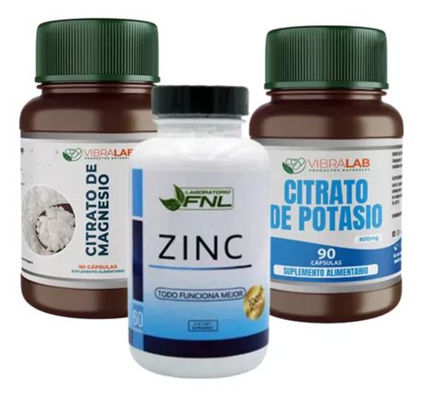 Pack 3 Frascos Citrato Magnesio Citrato Potasio Y Zinc Puro Cuotas