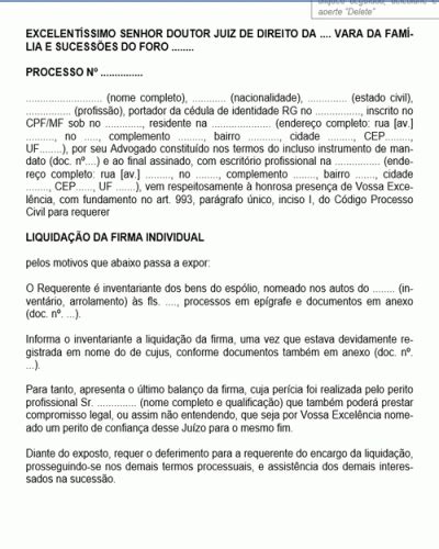 Referência para Petição Pedido de Liquidação da Firma Individual