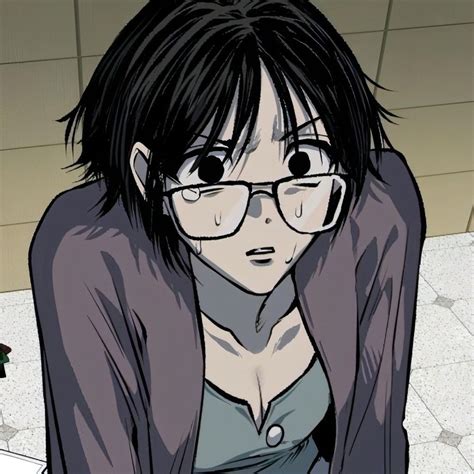 An Anime Character With Glasses On Her Face And Black Hair Is Staring