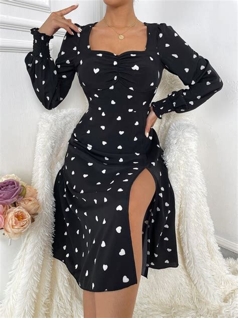 SHEIN Privé Heart Print Sweetheart Neck Split Thigh Dress SHEIN UK
