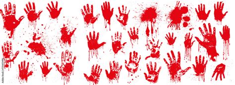 Red Bloody Handprints Collection On White Background Horrifying Set Of