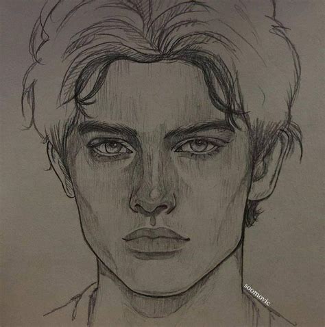 A Pencil Drawing Of A Man S Face With Short Hair And Eyes Looking