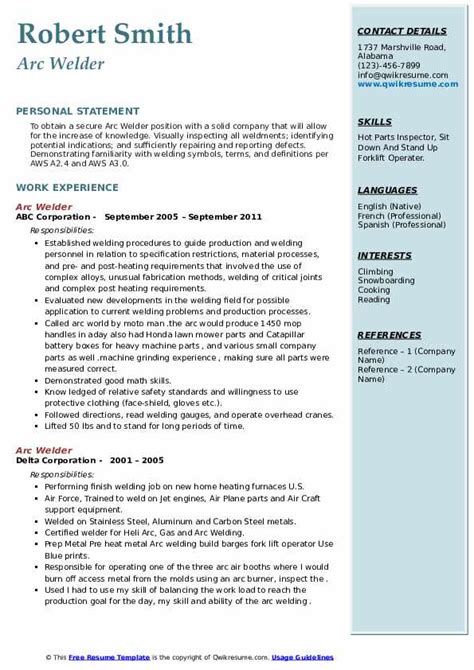 Arc Welder Resume Samples QwikResume