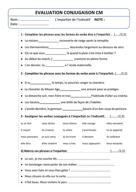 Evaluation CM Conjugaison L Imparfait Bout De Gomme Exercices