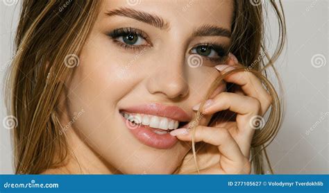 Beautiful Smiling Woman With Naked Shoulder Isolated On White Portrait