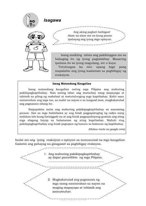 Pagbibigay Ng Opinyon At Reaksyon Worksheets