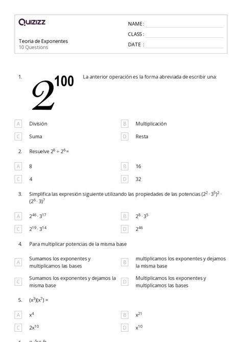 50 Propiedades De Los Exponentes Hojas De Trabajo Para Grado 8 En