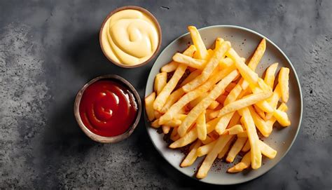 Köstlich knusprige Pommes Frites mit Ketchup und Mayo Premium Foto