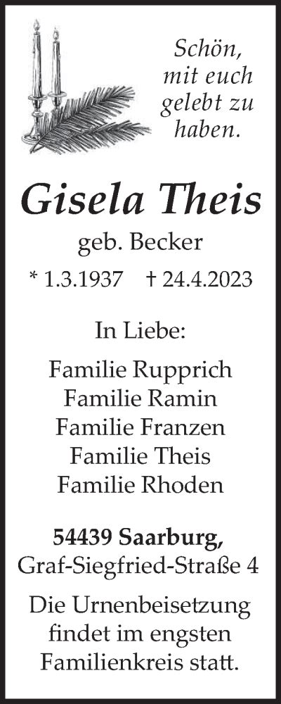 Traueranzeigen Von Gisela Theis Volksfreund Trauer De