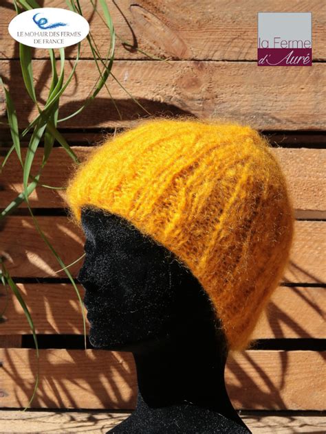Bonnet Laine Mohair Jaune Soleil Tricot Main Mohair France