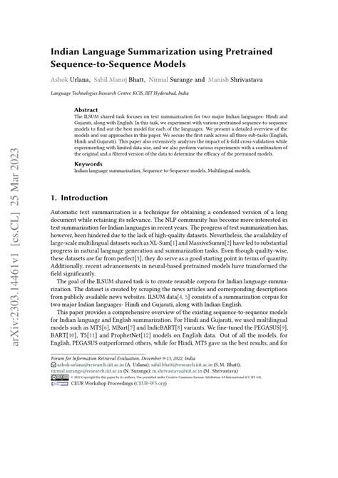 pdf indian language summarization using pretrained sequence to sequence models