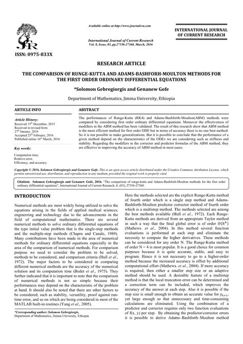 pdf the comparison of runge kutta and adams bashforh moulton methods for the first order