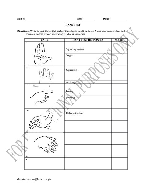 hand test answer sheet guide name sex date