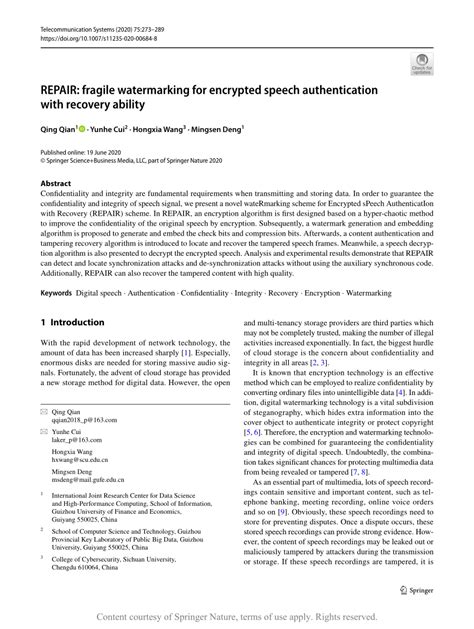 repair fragile watermarking for encrypted speech authentication with recovery ability request pdf