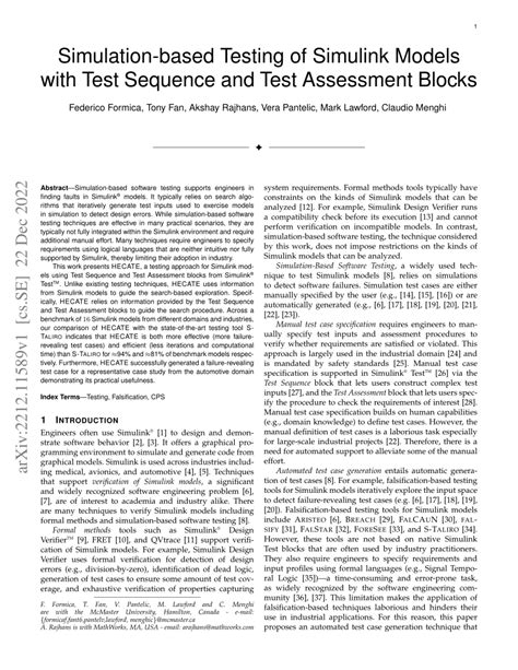 pdf simulation based testing of simulink models with test sequence and test assessment blocks