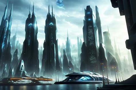 Ciudad de ciencia ficción con edificios de horizonte futurista arte