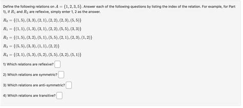 solved define the following relations on a {0 3 5 7} answer