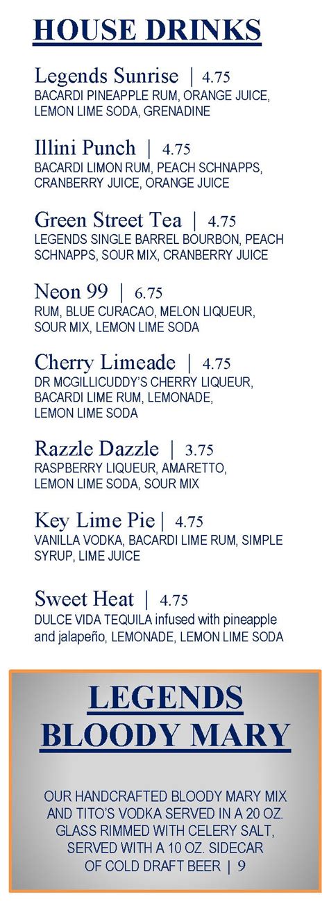 Drink Menu Legends Bar And Grill