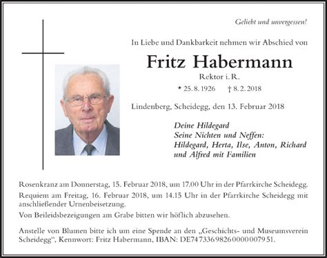 Traueranzeigen von Fritz Habermann Allgäuer Zeitung