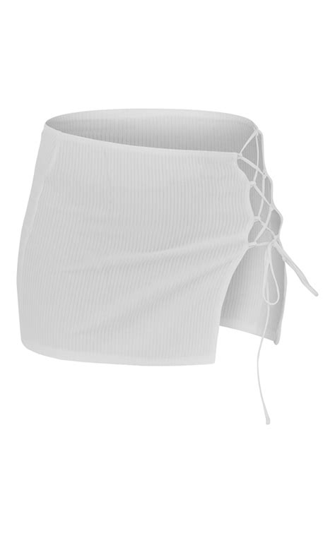 White Ribbed Lace Up Detail Mini Skirt Co Ords Prettylittlething
