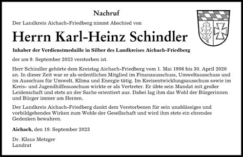 Traueranzeigen Von Karl Heinz Schindler Augsburger Allgemeine Zeitung