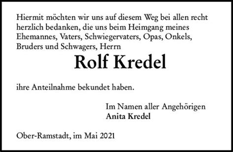 Traueranzeigen Von Rolf Kredel Vrm Trauer De
