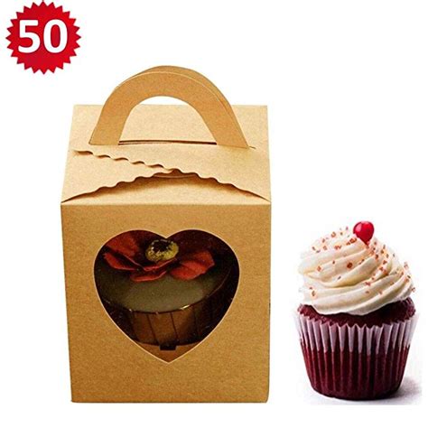 RomanticBaking 50 Pack Brown Kraft Single Cupcake Boxes With Window For