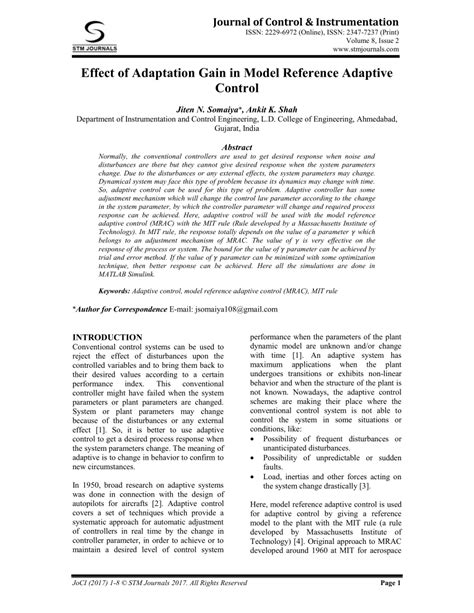 pdf effect of adaptation gain in model reference adaptive control