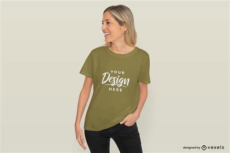 Blonde Woman Smiling In Casual Pose T Shirt Mockup Psd Editable Template