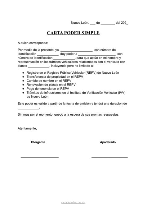 ᐅ Carta Poder Simple para Trámites Vehiculares Nuevo León