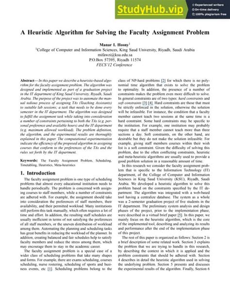 a heuristic algorithm for the faculty assignment problem pdf