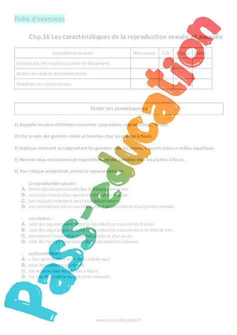 Exercice Les caractéristiques de la reproduction sexuée et asexuée 4ème