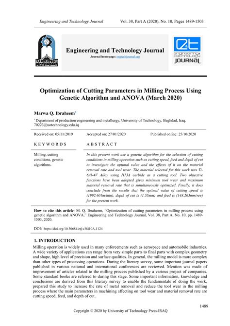 pdf optimization of cutting parameters in milling process using genetic algorithm and anova