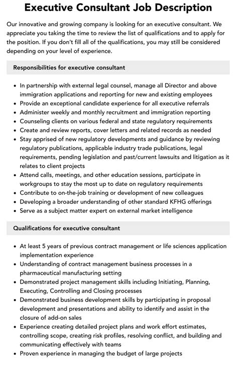 Executive Consultant Job Description Velvet Jobs