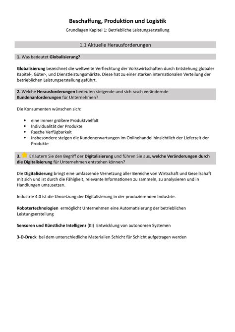 BPL Coursebook Answers From 1 Chapter Beschaffung Produktion Und