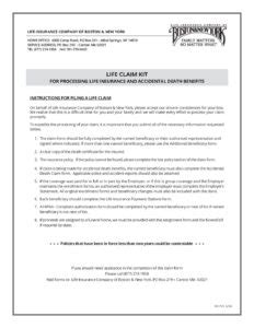 Ny 723 Life Claim Kit Fillable 3 24 Life Insurance Company Of Boston