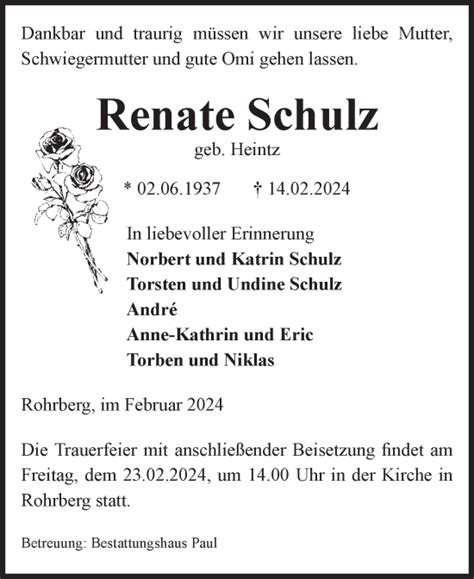 Traueranzeigen Von Renate Schulz Abschied Nehmen De